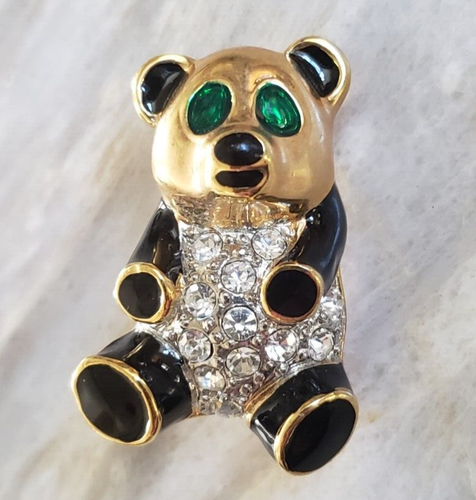 Vintage Enameled & Jeweled Gold Tone Green Eyed Panda Bear Brooch | eBay