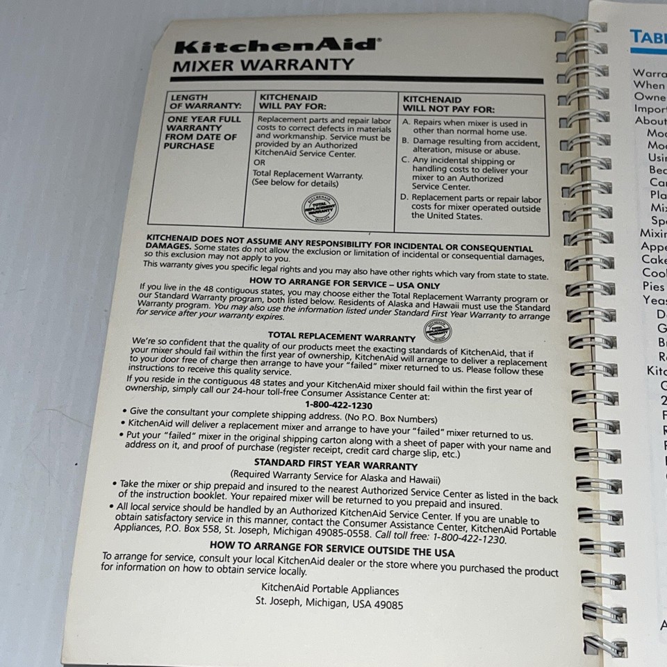 1992 KitchenAid Mixer And Attachments Recipes & Instruction Book ...