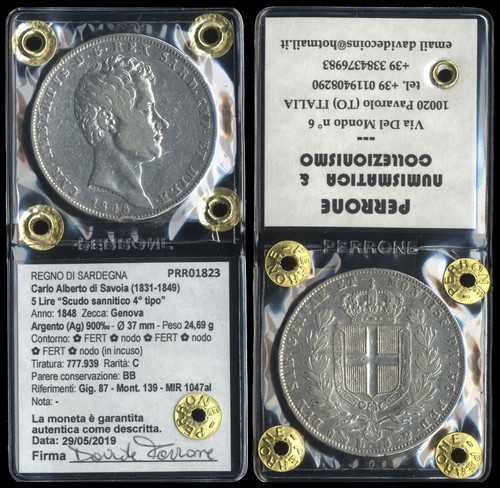 #01823] REGNO DI SARDEGNA - CARLO ALBERTO - 5 LIRE 1848 GENOVA ...