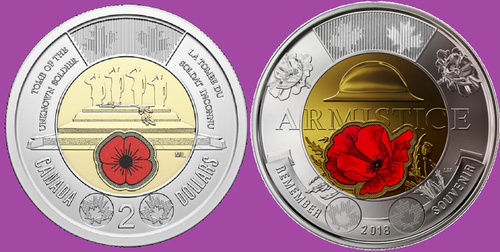 2018 & 2025 Canada Honoring Soldier Poppy Toonie Two Dollar Coins Mint ...