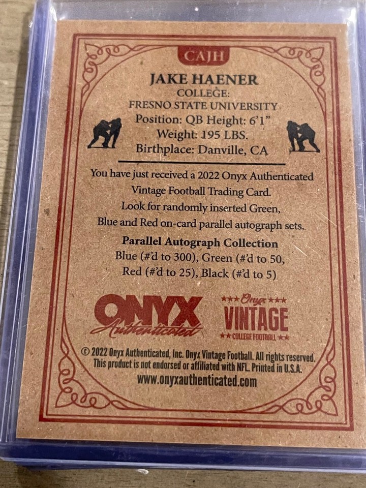 2022 Onyx Vintage College Jake Haener Saints Blue Ink On Card Auto /300 ...