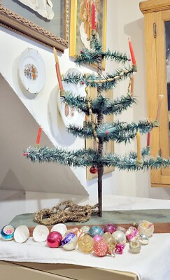 Small Green Feather Tree, with Ornaments. German, 1950s. 20" high. 12 ...
