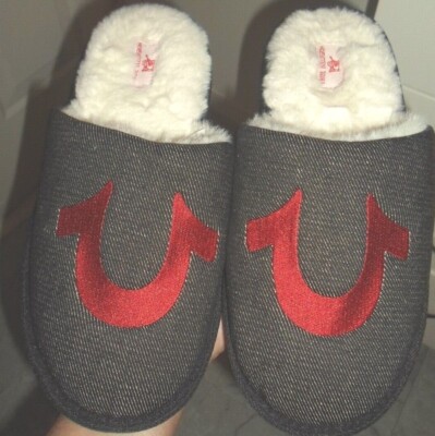 True Religion Faux Fur Lined Slippers BLACK DENIM-LOOK Men’s Small (7-8 ...