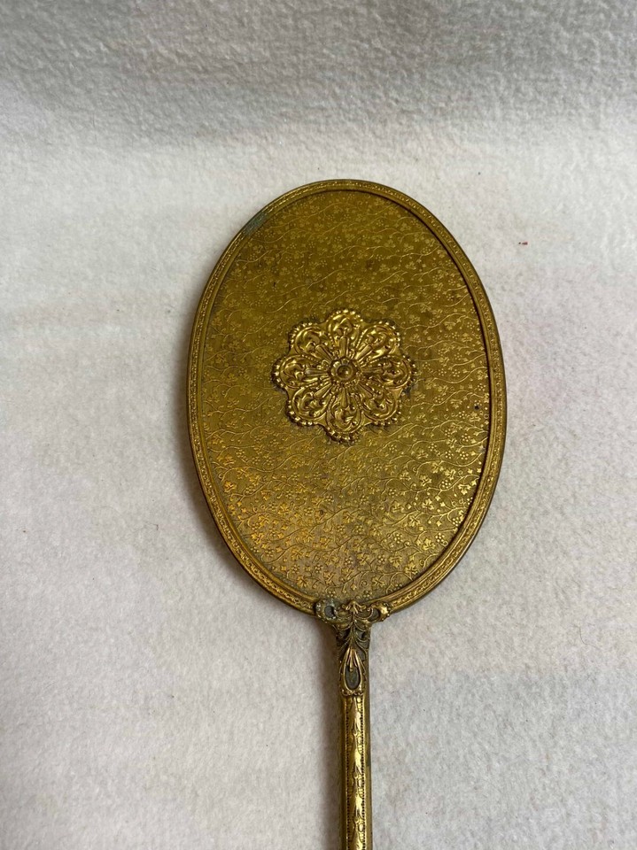 Vintage Long Handled Oval Shaped Gold Hand Mirror with Leaf Design | eBay