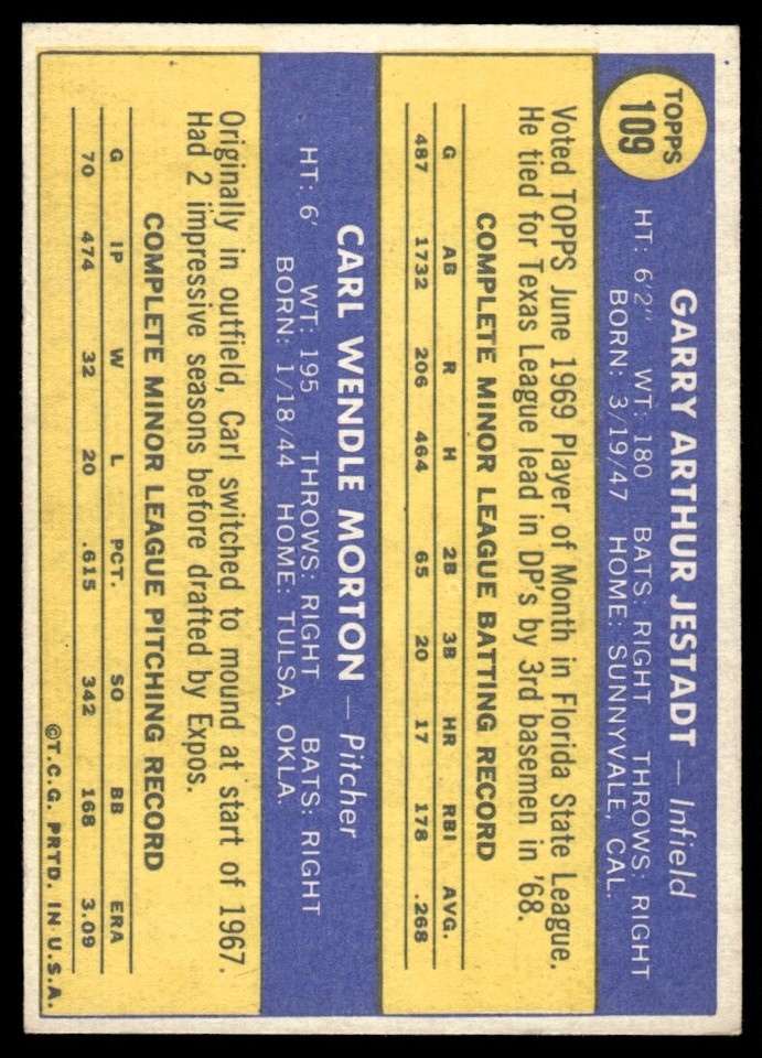 1970 Topps Expos Rookies - Garry Jestadt/Carl Morton Montreal Expos ...