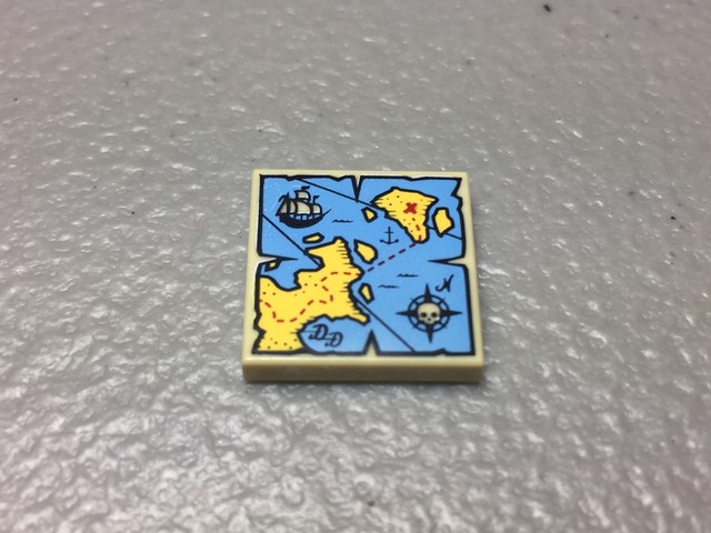 NEW LEGO Pirate Minifig TREASURE MAP 2x2 TILE Tan, Yellow & Blue w/Ship ...