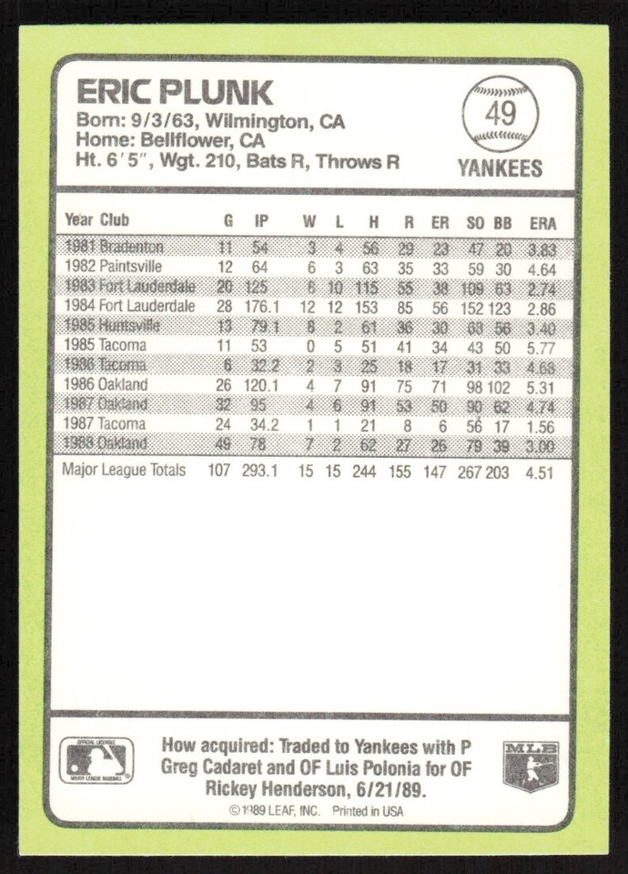 1989 Donruss Baseball's Best Eric Plunk #49 New York Yankees | eBay