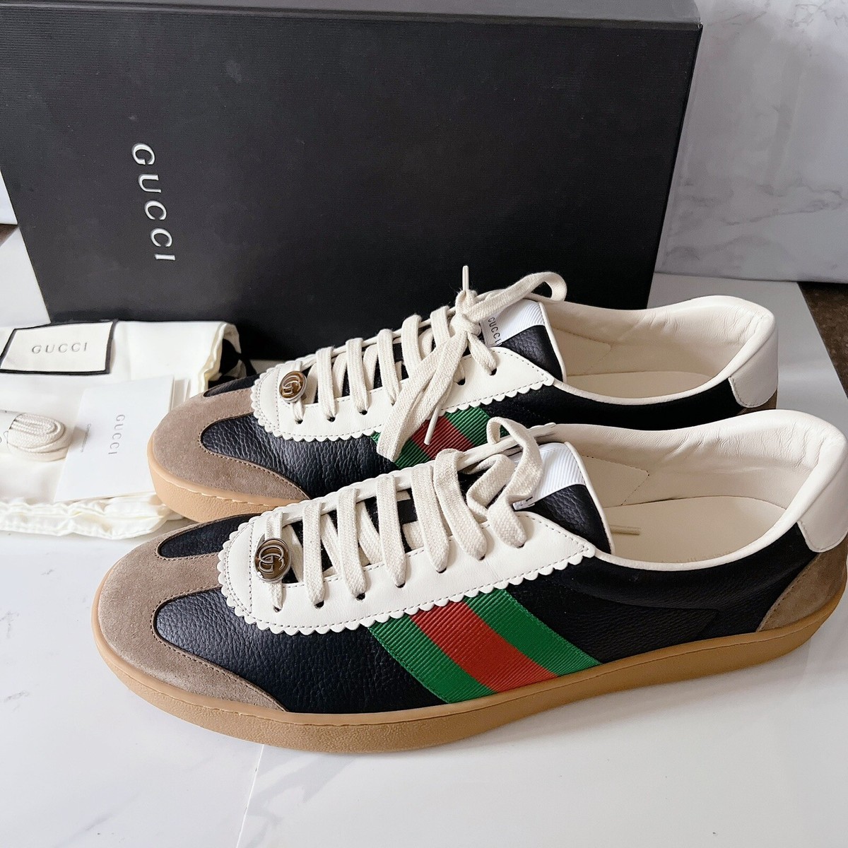 Gucci G74 Web Low Oatmeal GG Web Sneaker Black Leather Suede Gucci G74 Web Low Oatmeal GG Web Sneaker Black Leather Suede