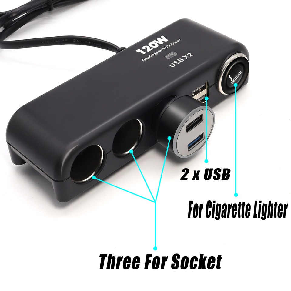 4 Way 12V Multi Socket Car Cigarette Lighter Splitter USB 120W Charger ...
