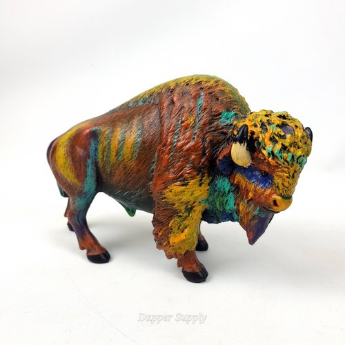 9" Multicolor Buffalo Figurine Resin Bison Statue Painted Tribal Decor ...