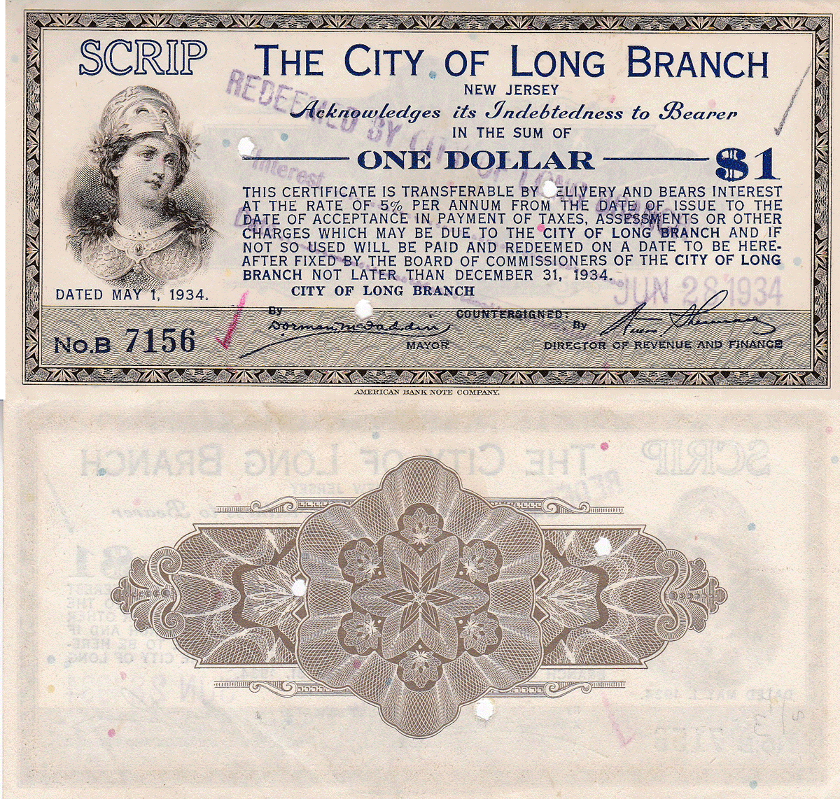 1934 $1 City Of Long Branch New Jersey Depression Scrip Punch Cancel | eBay