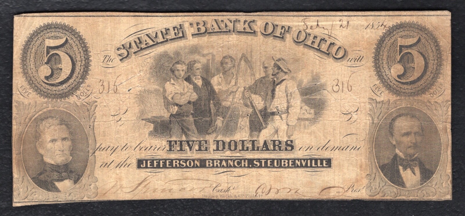 1854 $5 THE STATE BANK OF OHIO STEUBENVILLE, OH OBSOLETE CURRENCY NOTE ...