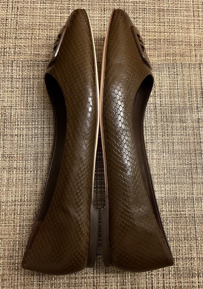 TORY BURCH Georgia Square-toe Shiny Snake Ballet Flats In Chocolate Sz ...