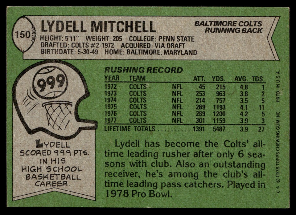 1978 Topps Set Break Lydell Mitchell #150 Baltimore Colts | eBay