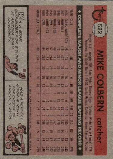 1981 Topps #522 Mike Colbern Chicago White Sox Baseball | eBay