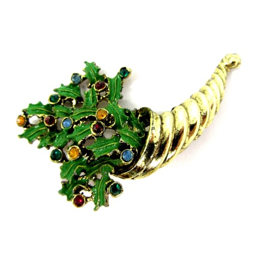 Vintage Christmas Brooch Pin Cornucopia Horn of Plenty w/ Holly ...
