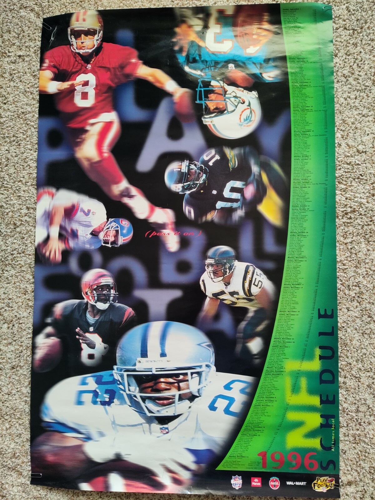 Vintage 1996 NFL Schedule Poster 34.5in x 22in Marino Young Smith Elway ...