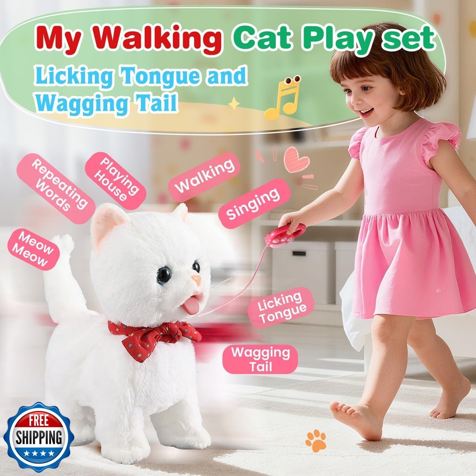 White Leash Walking Cat Set Toy Interactive Talking Cat Singing Dancing ...