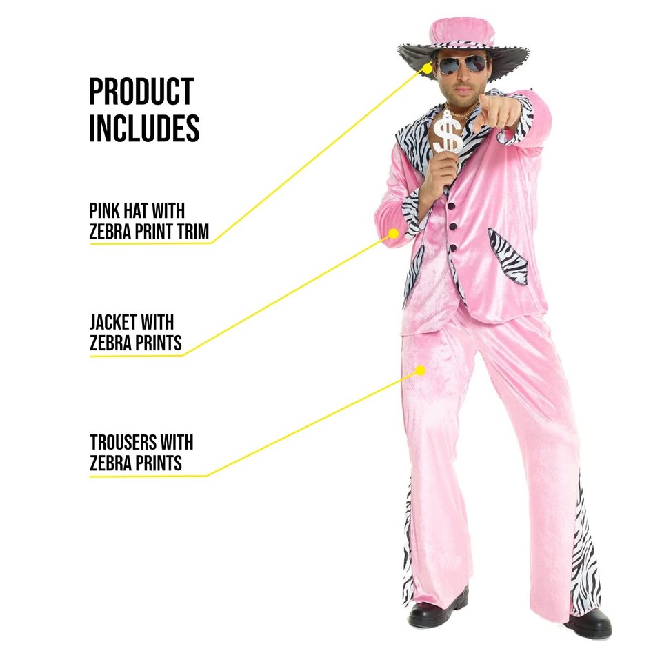 Mens Pink Pimp Costume + Hat 1970s Big Daddy Velvet Suit Halloween | eBay