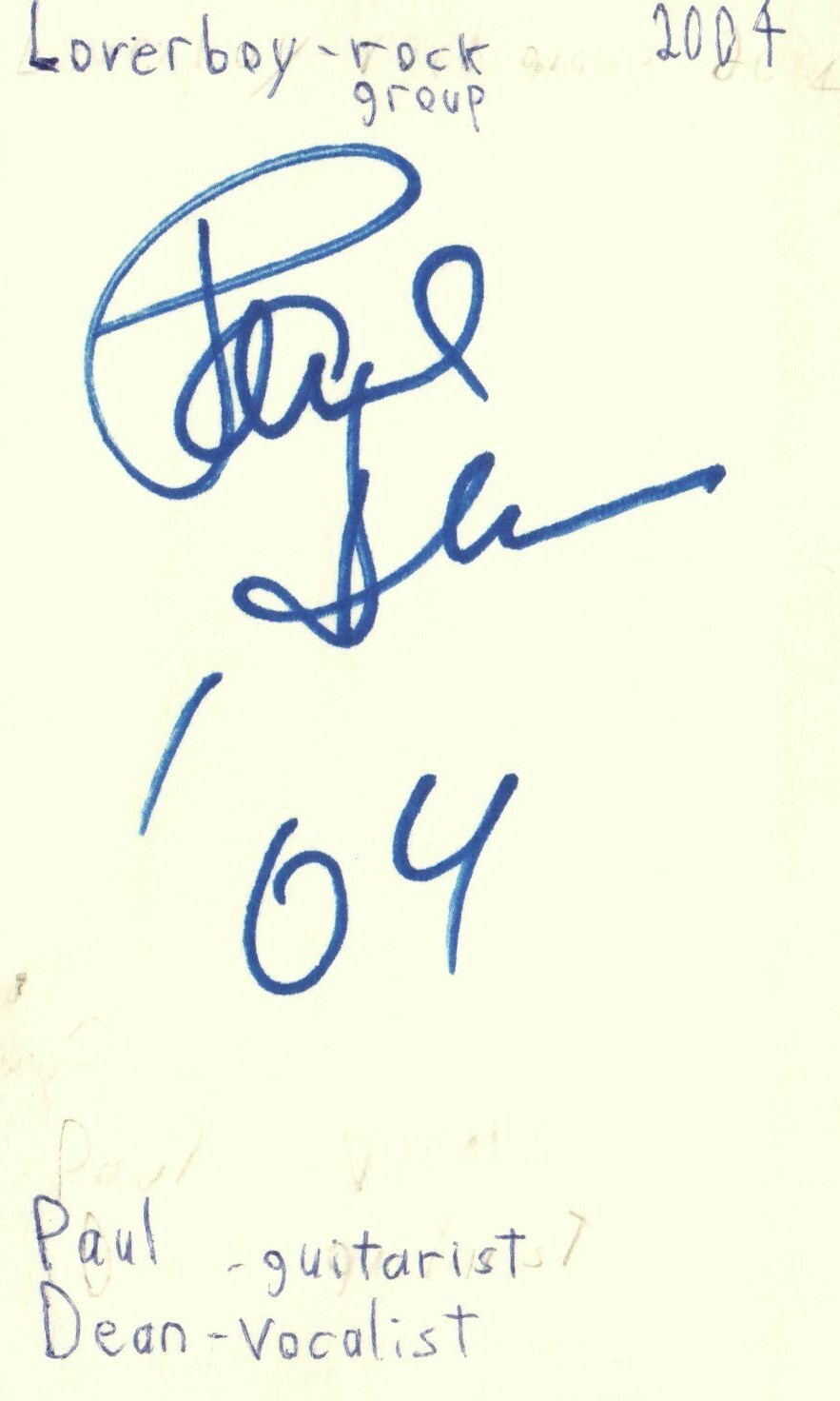 Paul Dean Guitarist Vocalist Loverboy Rock Band Music Signed Index Card ...