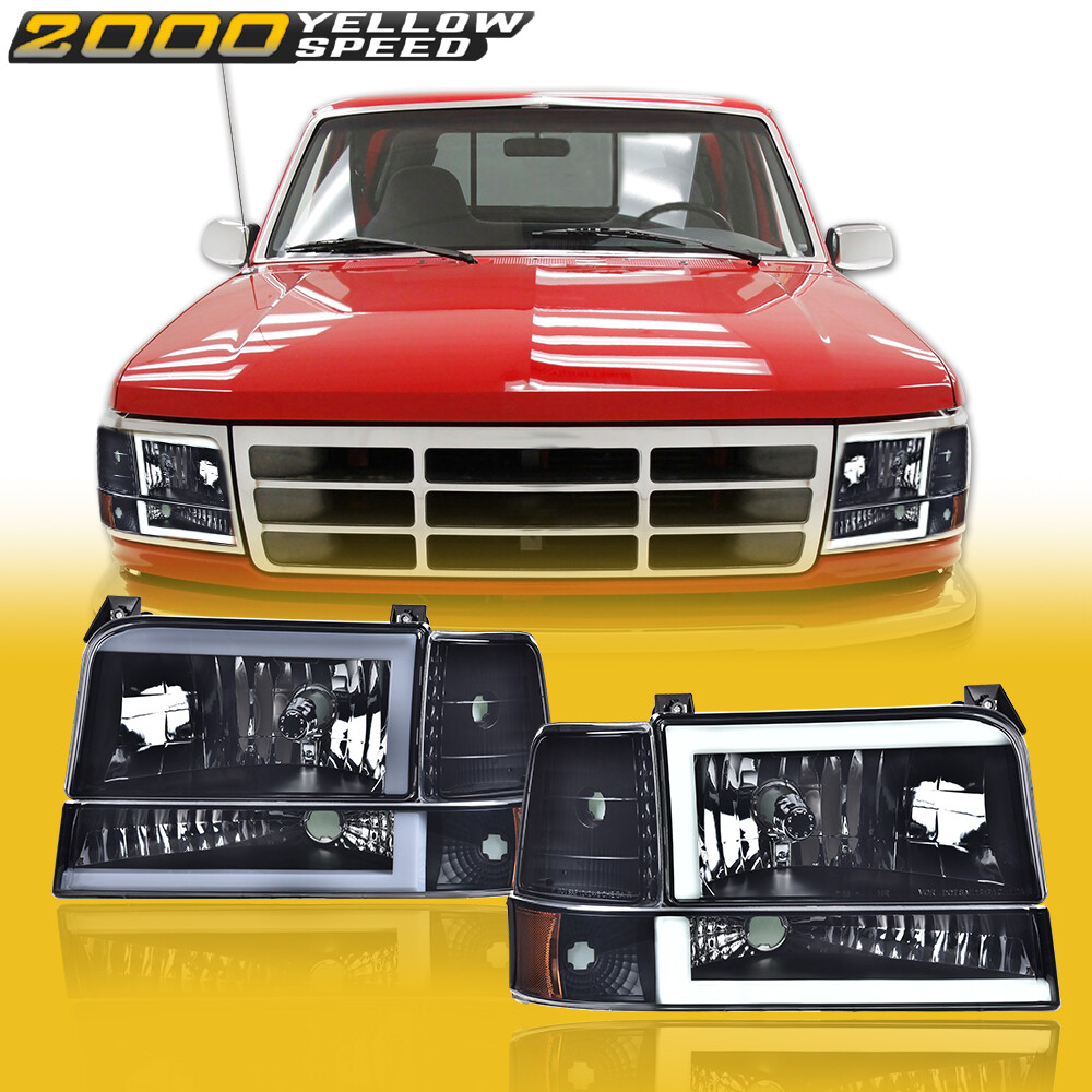 6PCS Dual LED DRL Bumper Headlights Black Fit For 1992-1996 Ford F150 ...