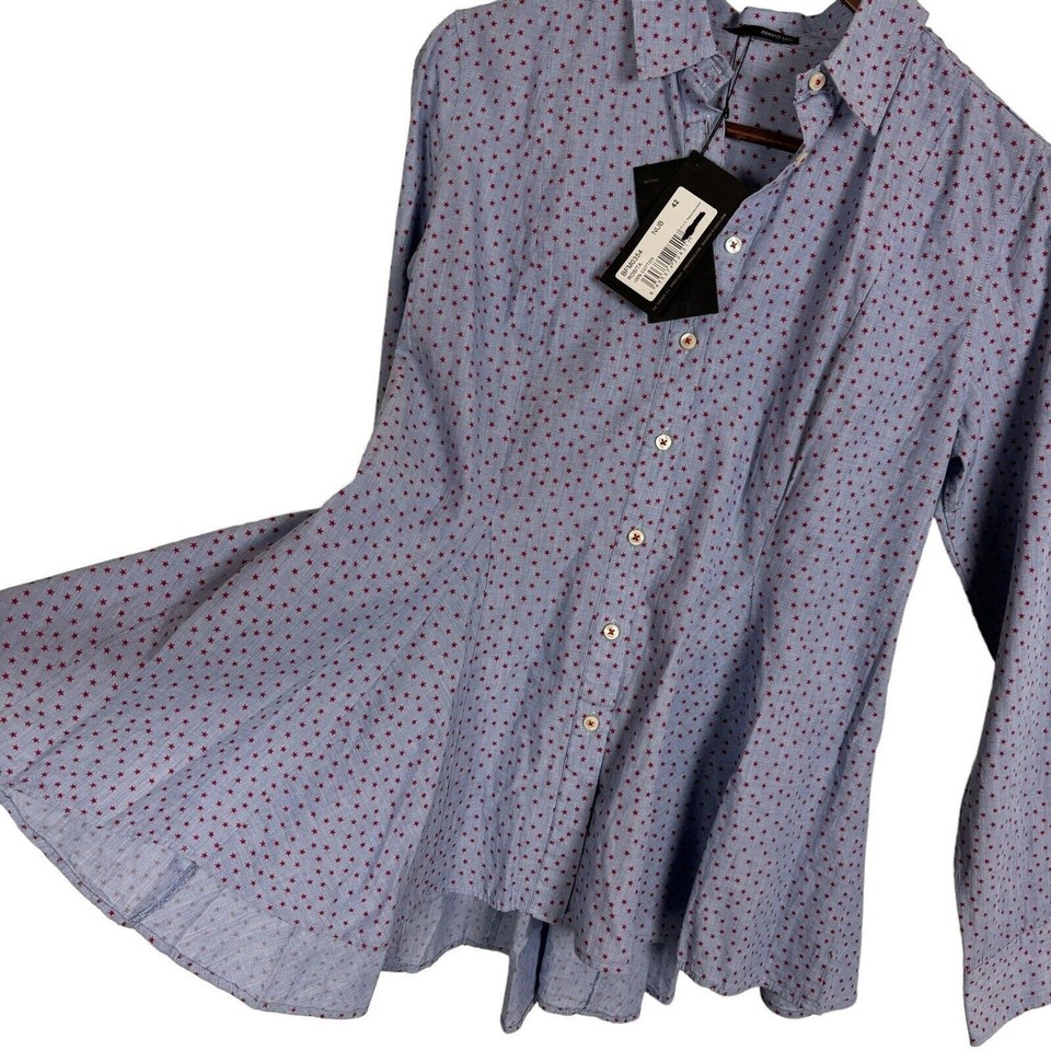 NWT Armand Basi Blue Red Star Button Down Flare Shirt Blouse Top Medium ...