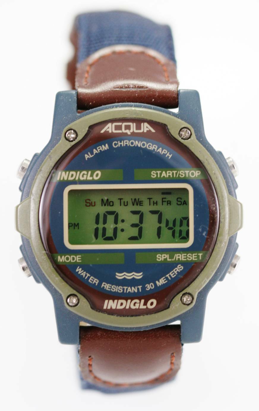 Acqua Watch Mens Blue Brown Nylon Leather Chrono Date Light Alarm 30m ...