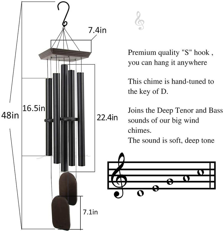 LARGE 5 Tubes 48" Deep Tone Wind Chime Resonant Bass Sound CHURCH Bell ...