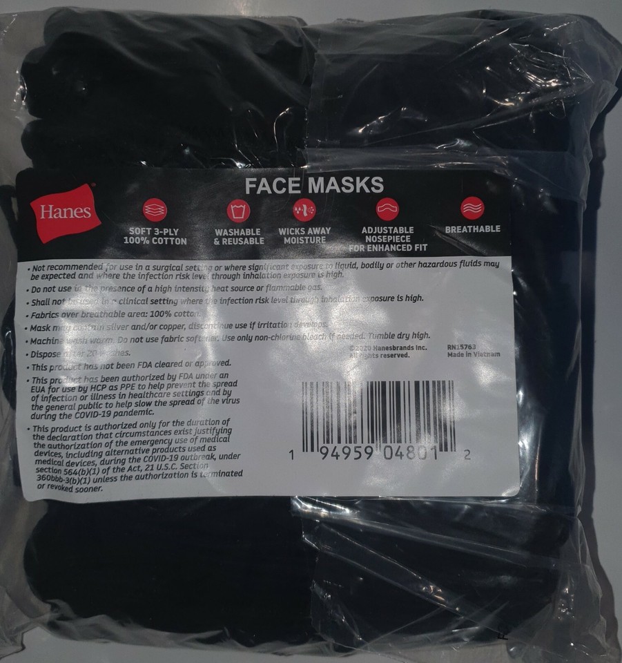 Hanes RN15763 Soft 3-Ply Cotton Face Masks Washable & Reusable Qty 50 ...