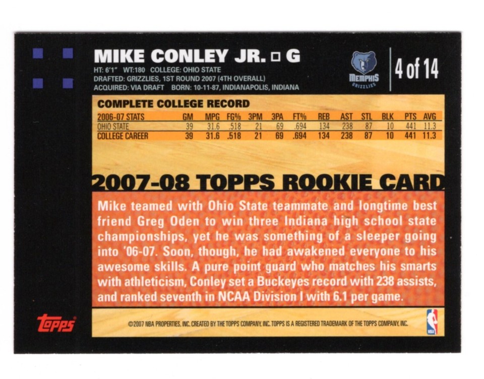 2007-08 TOPPS ORANGE MIKE CONLEY ROOKIE CARD #4 **NM-MT** MEMPHIS ...