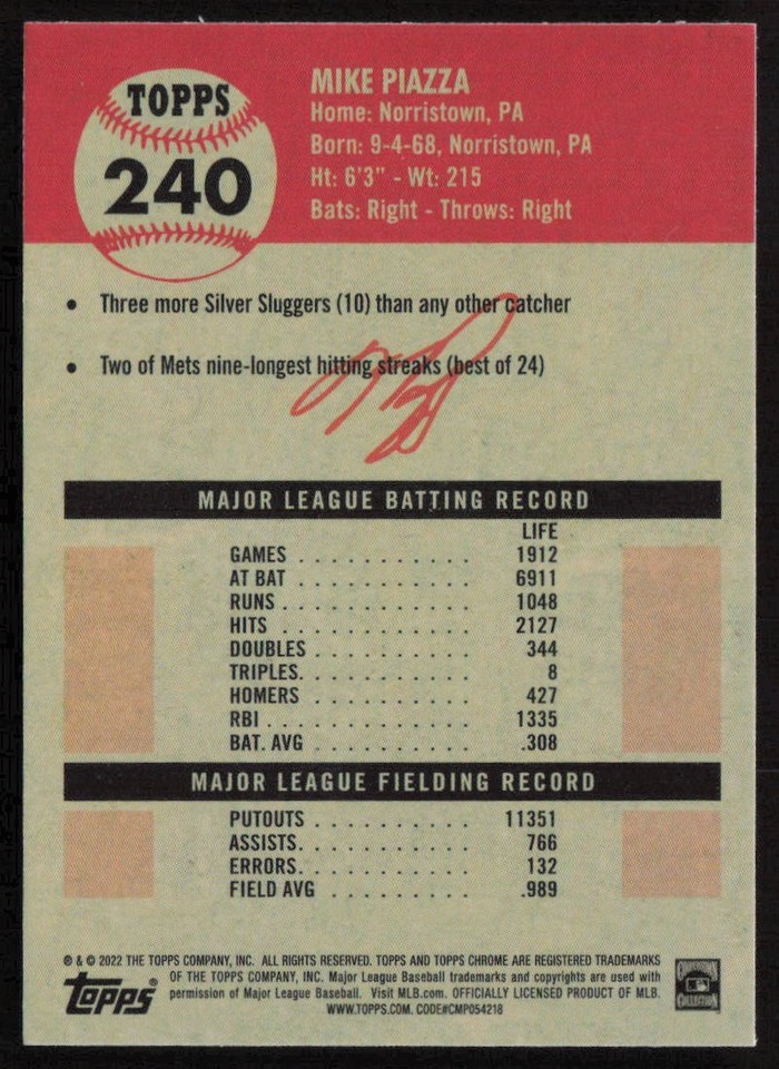 2022 Topps Chrome Platinum Anniversary Prism Refractor Mike Piazza #240 ...