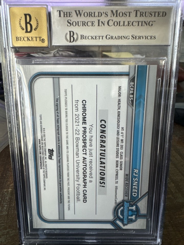 2022 Bowman University Chrome Auto RJ Sneed 9 Mint 10 Auto BGS | eBay