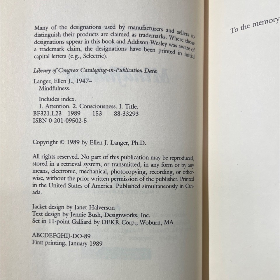 mindfulness book, by Ellen J. Langer, 1989 Hardcover | eBay