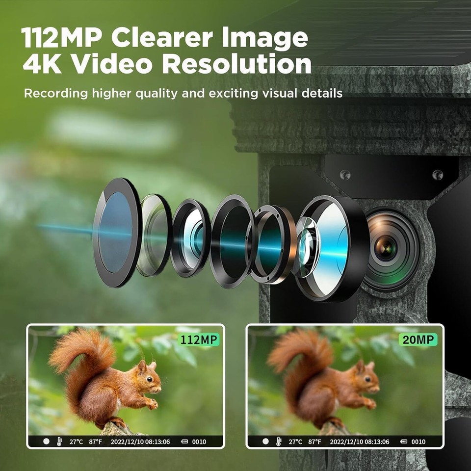 WiFi Bluetooth Solar Trail Camera 4K 100MP Hunting Game Cam 120° PIR ...