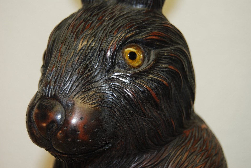 ANTIQUE TOBACCO JAR AUSTRIAN GERMAN BLACK FOREST WOOD CARVED RABBIT ...