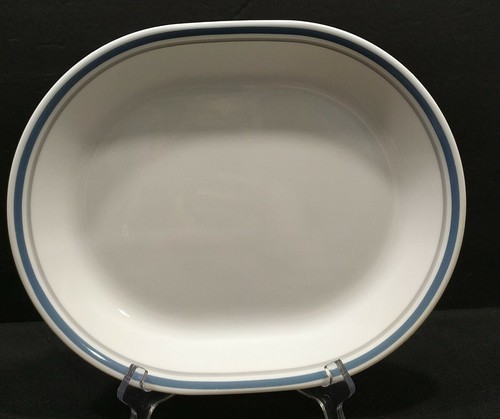 Corelle vintage Indigo Blue & Gray stripe trim serving oval plate platter | eBay