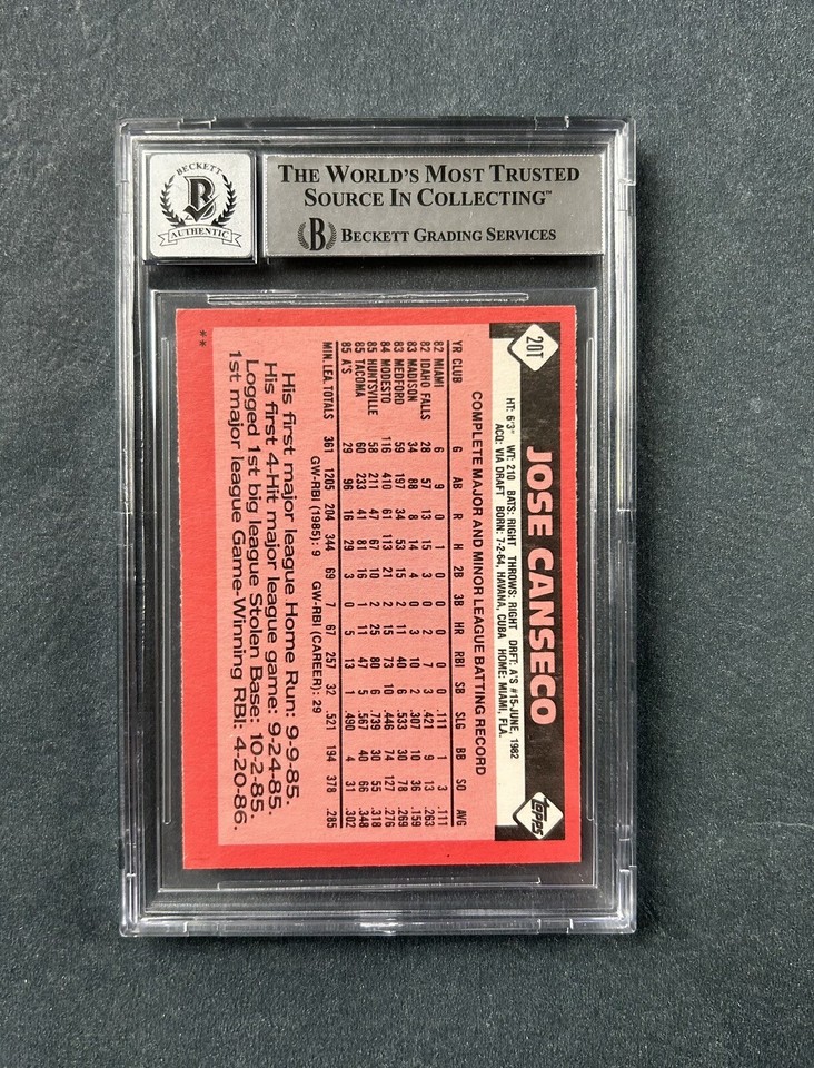 1986 Topps Traded J. Canseco RC signed.A's Auto. BAS 10 Autograph Card ...