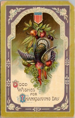 1911 THANKSGIVING Postcard "GOOD WISHES" Dead Turkey / Fruit *Missing ...