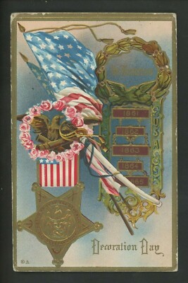 Patriotic Vintage postcard Decoration Day military flag eagle gold trim ...
