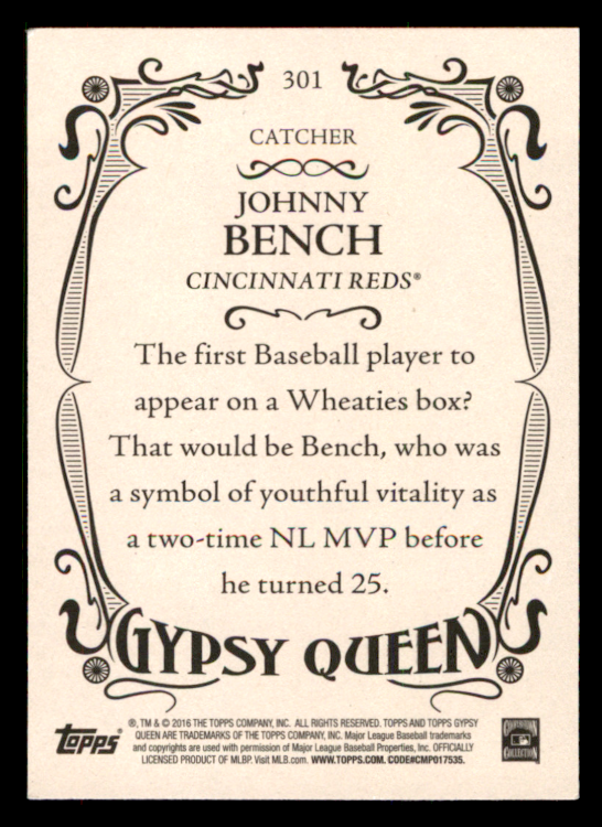 2016 Topps Gypsy Queen Johnny Bench SP #301 Cincinnati Reds | eBay