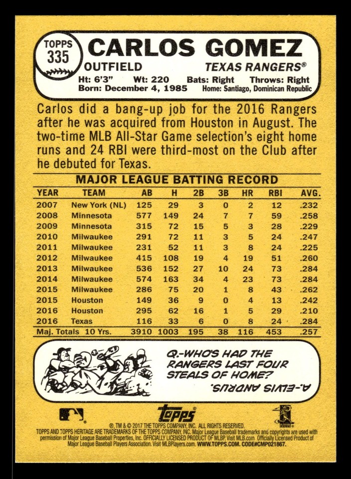 2017 Topps Heritage #335 Carlos Gomez Texas Rangers | eBay