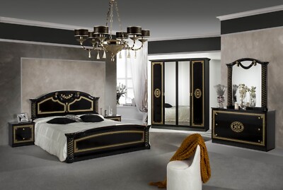 Valore Italian High Gloss Black & Gold Bedroom Set With 4 Door Wardrobe ...