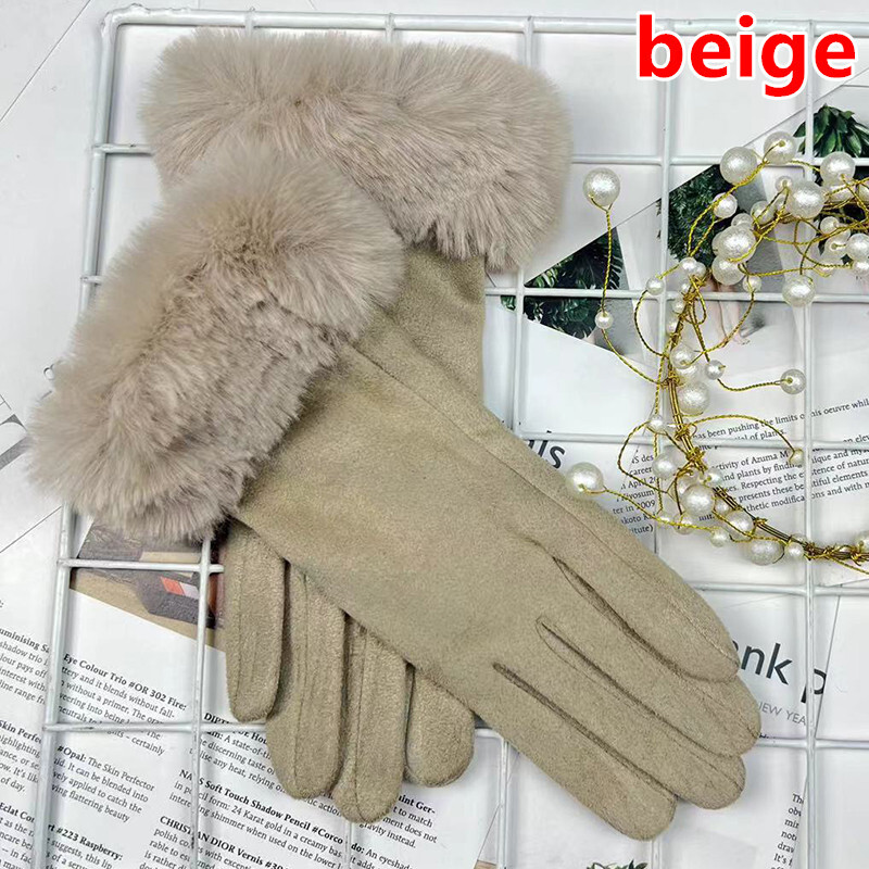 Women Outdoor Faux Suede Fur Touch Screen Gloves Winter Full Finger ...