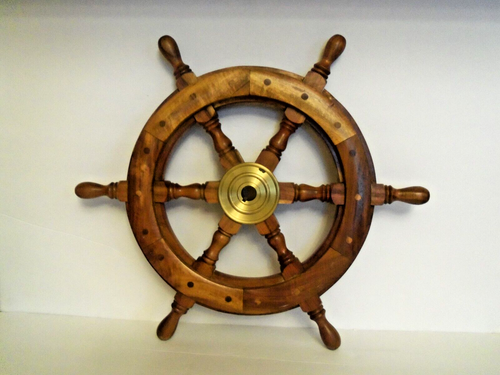 Wood & Brass Nautical Ship Wheel Maritime Décor 18" Hand Crafted Wall ...