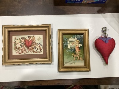Lot 3 Vintage Valentines Decor VTG Framed Valentines & Vintage Silk ...