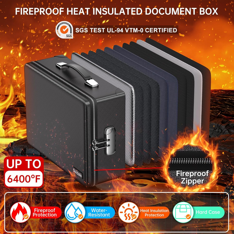 6400°F Fireproof Document Box with Lock,Heat Insulated Fireproof Water ...