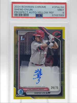 SHENG-EN LIN 2024 BOWMAN CHROME 1ST YELLOW REFRACTOR MINT AUTO /75 PSA ...