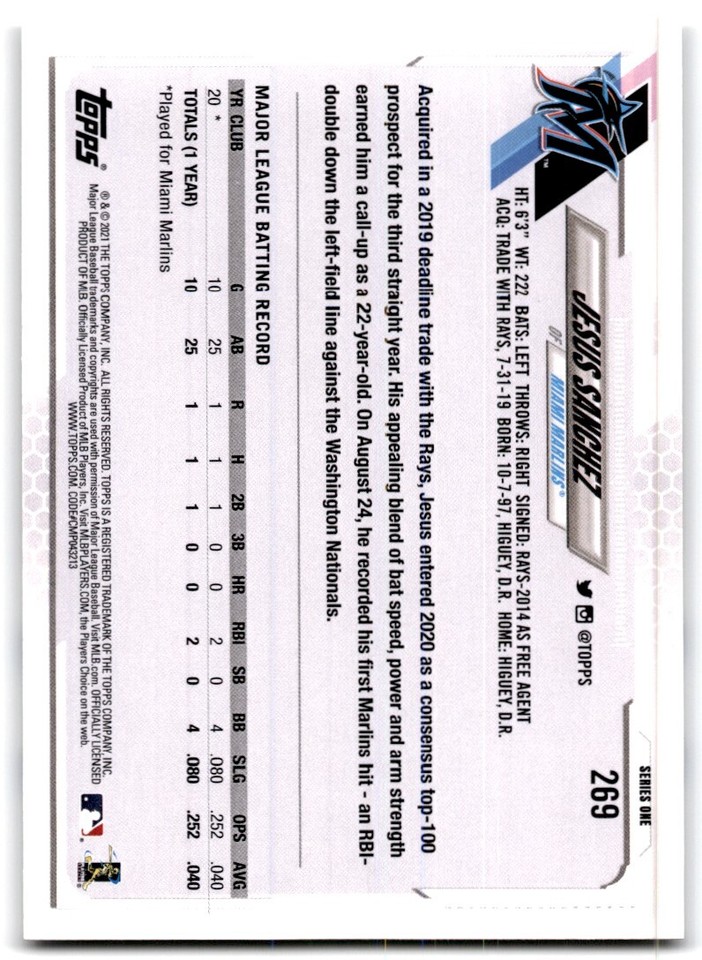 2021 Topps Jesus Sanchez Rookie Baseball Cards #269 | eBay