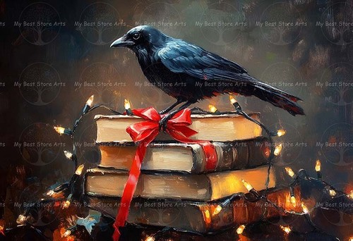 CHRISTMAS CROW BOOK STACK ART PRINT, Holiday Home Decor, Raven Bird ...