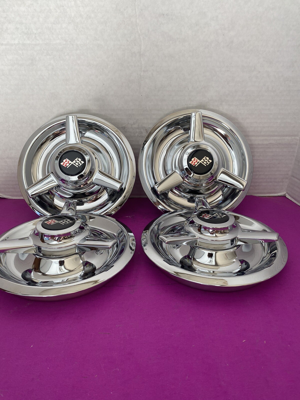 (4) 3 BAR SPINNERS CENTER CAPS FOR CHEVY RALLY WHEELS 7",BLACK FLAGS ...